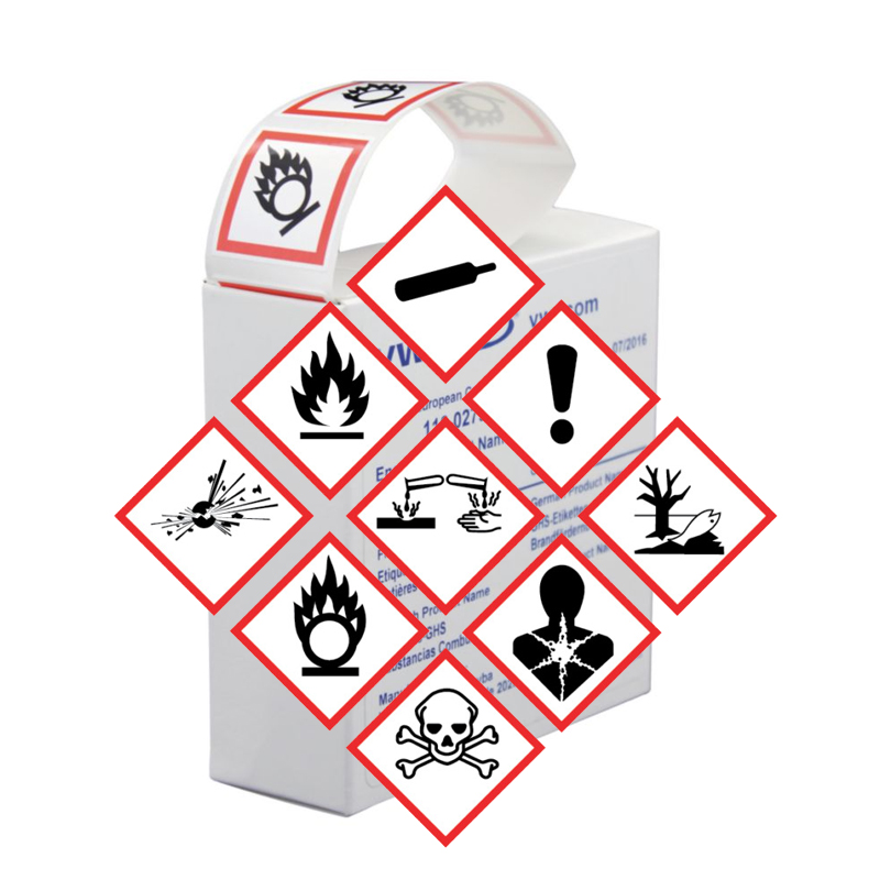 Etiquetas pictogramas GHS de PE, rollo 500, 26 x 26 mm – Pontraga Suministros de Laboratorio